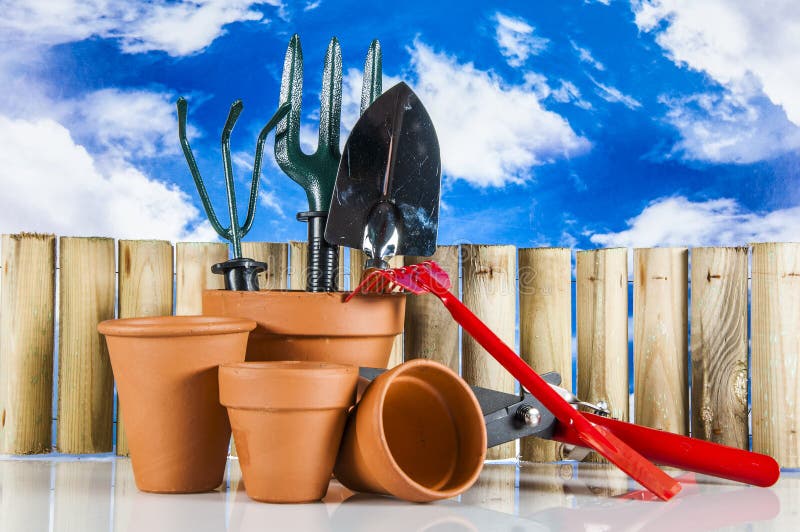 Gardening Stuff with Blue Sky Background Stock Image - Image of earth ...
