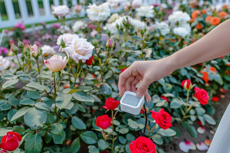 Gardening Scene with Handheld Moisture Sensor Checking Blooming Roses ...