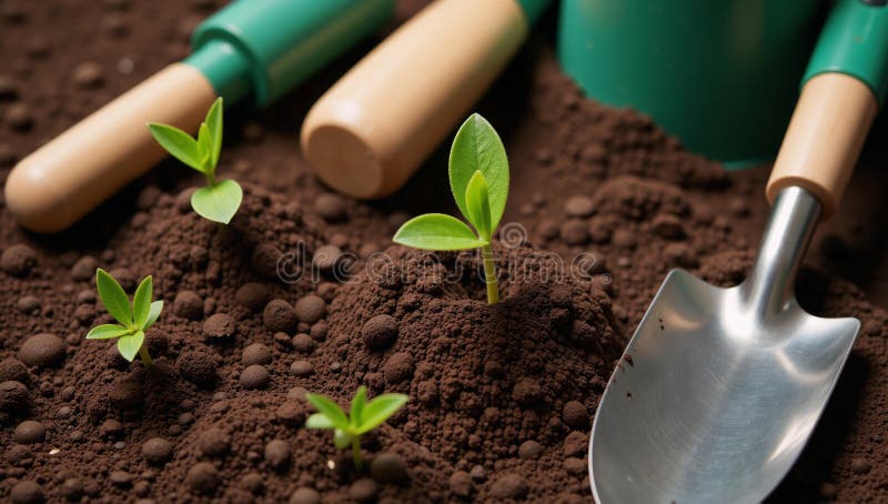 Gardening Scene with Tools and Seedlings in Soil Stock Illustration ...