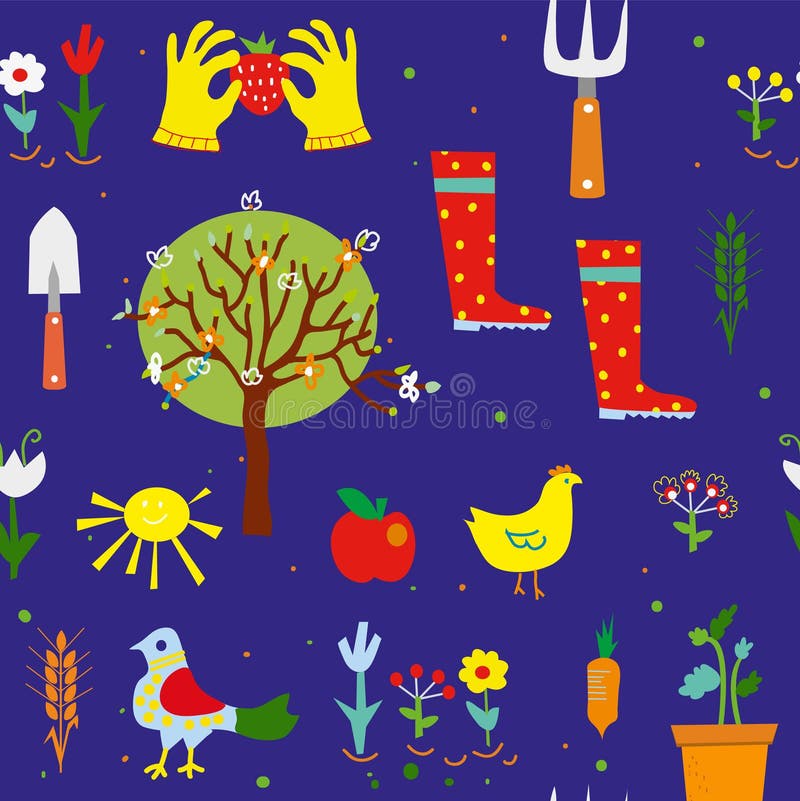 Gardening Seamless Pattern for Kids, Funny Design. Vector Illustration ...