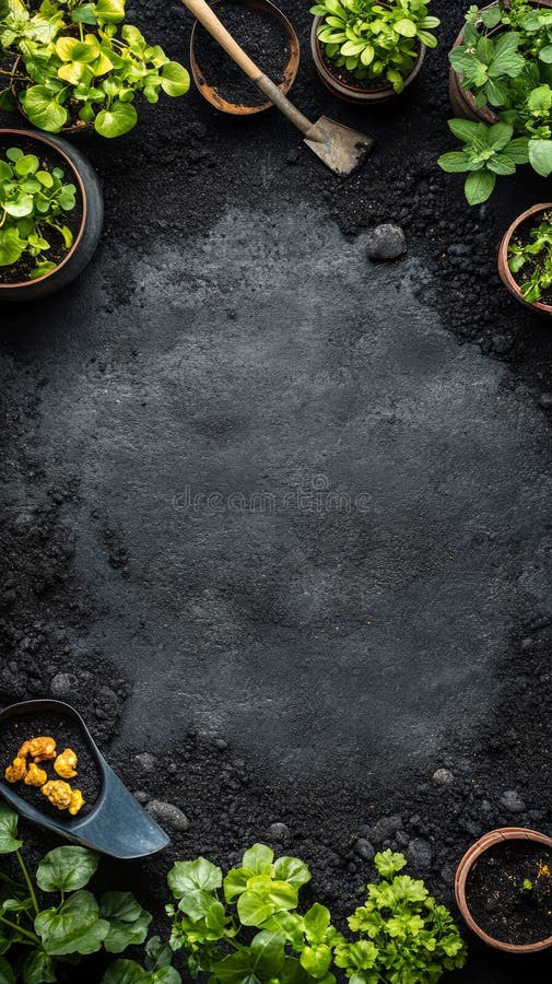 Gardening Setup with Fresh Soil and Potted Plants Arranged for ...