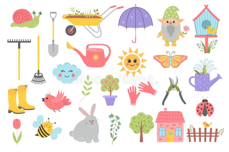 Gardening and Spring Set. Cute Cartoon Springtime Items Stock Vector ...