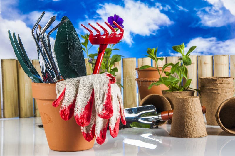 Gardening Stuff with Blue Sky Background Stock Image - Image of earth ...
