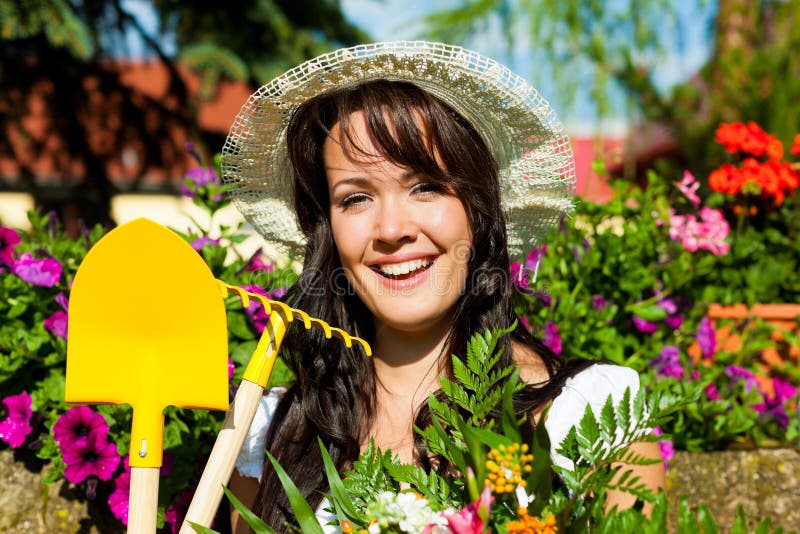 Gardening in Summer - Woman with Flowers Stock Image - Image of woman ...