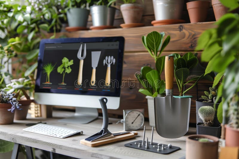 Gardening Tools and Computer on a Table. by Generative Ai Stock ...