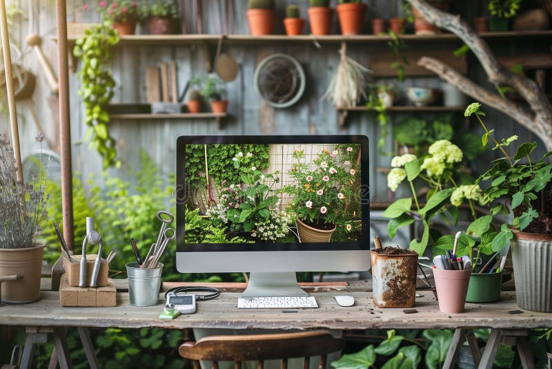 Gardening Tools and Computer on a Table. by Generative Ai Stock ...