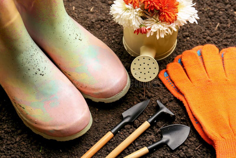 Gardening Tools, Gloves, Boots and Flowers on Fresh Soil Stock Image ...