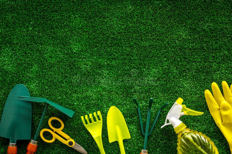 Gardening Tools on Green Grass Background Top View Copyspace Stock ...
