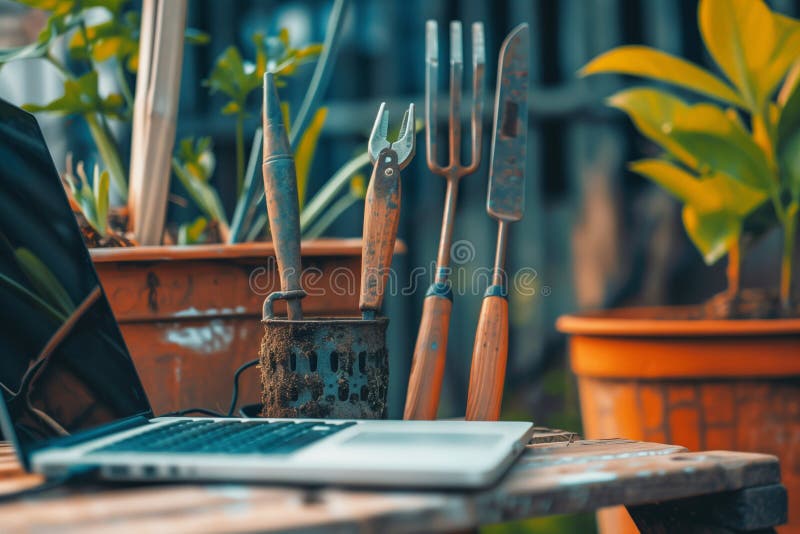 Gardening Tools and Laptop on a Table. by Generative Ai Stock ...