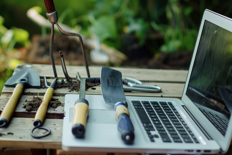 Gardening Tools and Laptop on a Table. by Generative Ai Stock ...