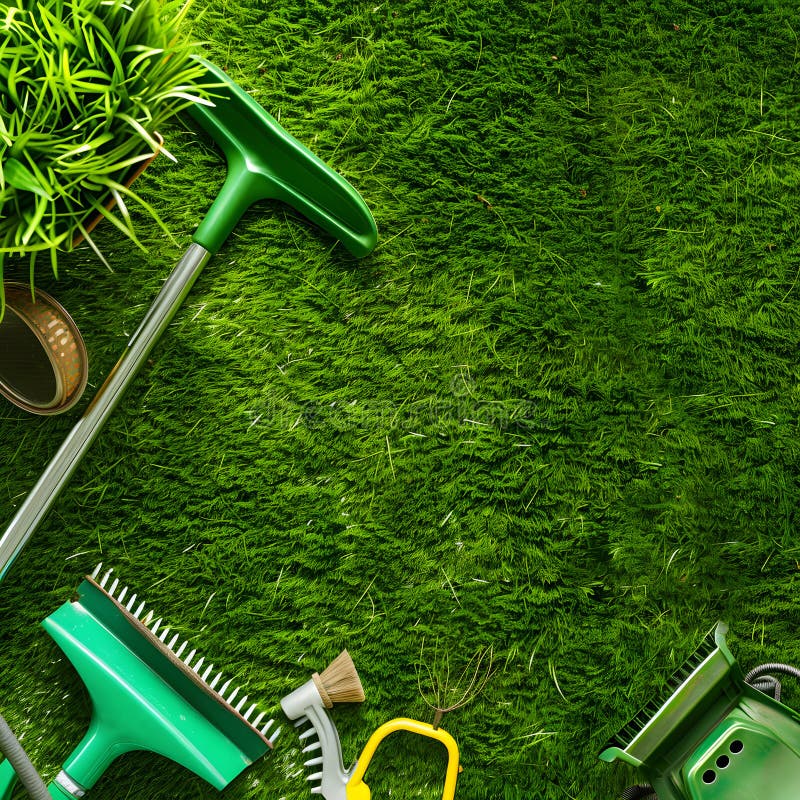 Gardening Tools Lying on Green Grass Forming a Border with Copy Space ...