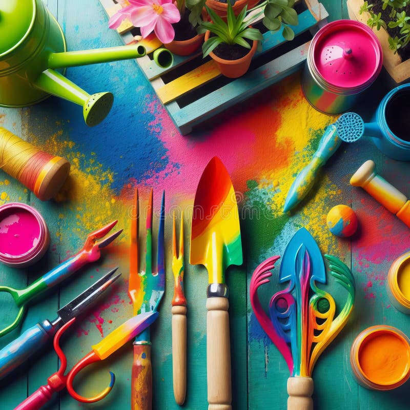 Gardening Tools Painted in Bright Holi Colors Adding a Splash of Stock ...