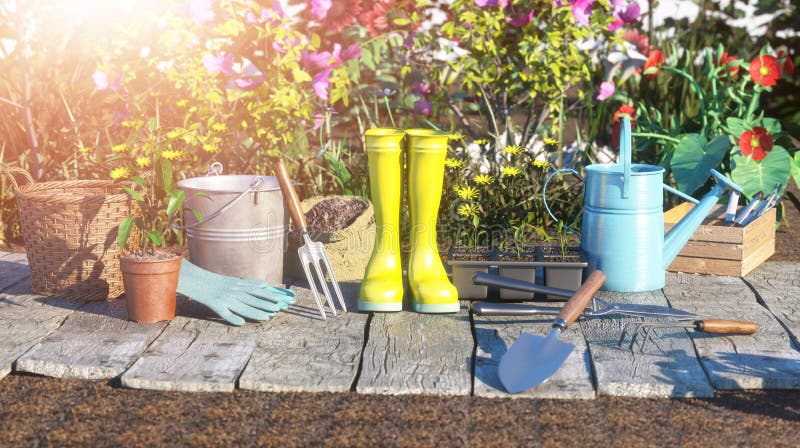 Gardening Tools and Props at Sunny Day 3d Render Background Stock ...