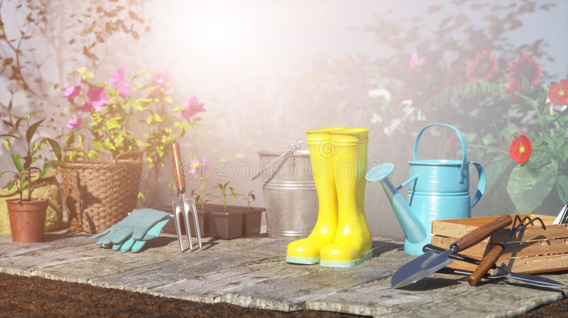 Gardening Tools and Props at Sunny Day 3d Render Background Stock ...