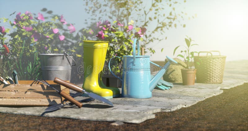 Gardening Tools and Props at Sunny Day 3d Render Background Stock ...