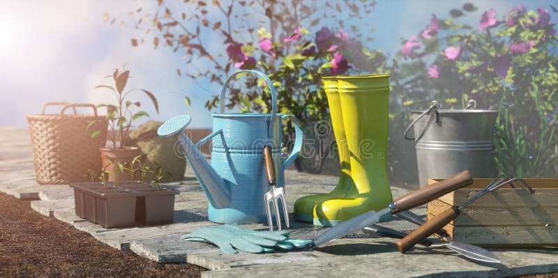 Gardening Tools and Props at Sunny Day 3d Render Background Stock ...