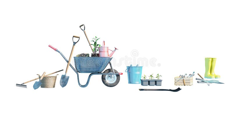 Gardening Tools and Props at Sunny Day 3d Render on a White Background ...