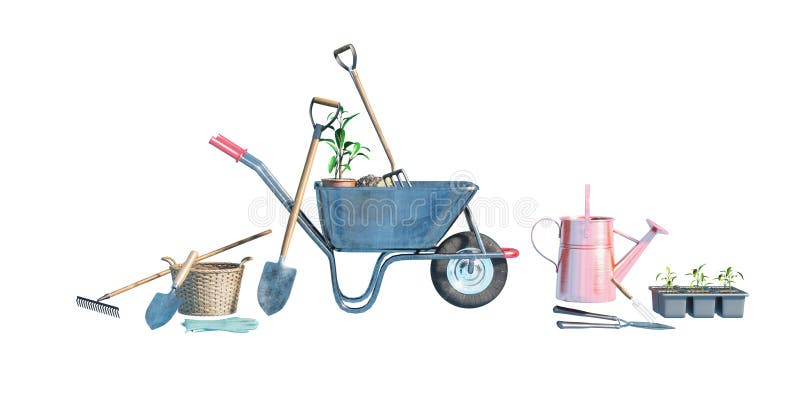 Gardening Tools and Props at Sunny Day 3d Render on a White Background ... Gardening Tools and Props at Sunny Day 3d Render on a White Background ...
