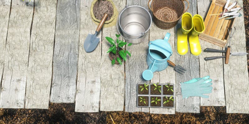Gardening Tools and Props at Sunny Day 3d Render Stock Illustration ...