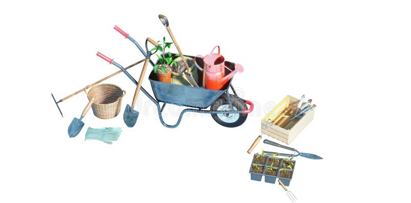 Gardening Tools and Props at Sunny Day 3d Render on a White Background ...