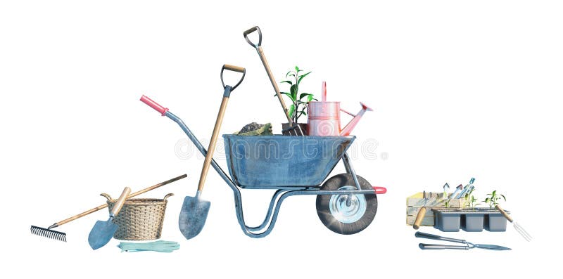 Gardening Tools and Props at Sunny Day 3d Render on a White Background ...