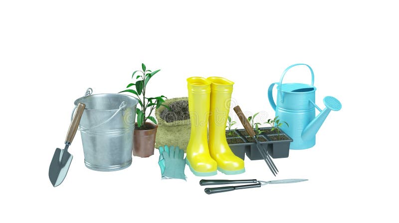 Gardening Tools and Props at Sunny Day 3d Render on a White Background ...