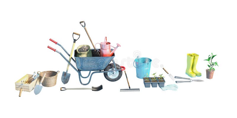 Gardening Tools and Props at Sunny Day 3d Render on a White Background ...