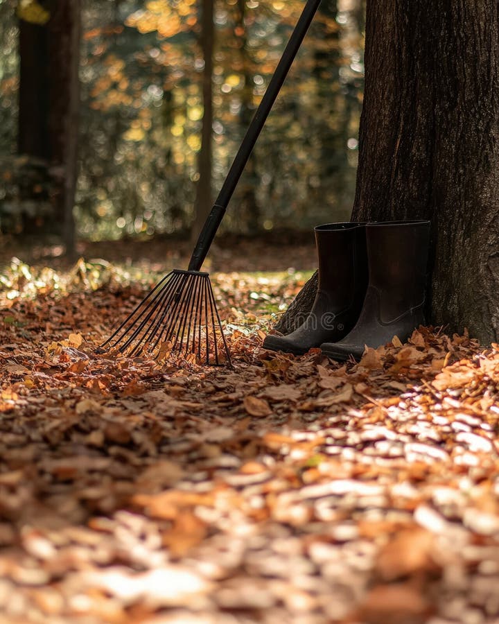 Gardening Tools Resting Against a Tree in Autumn Stock Illustration ...