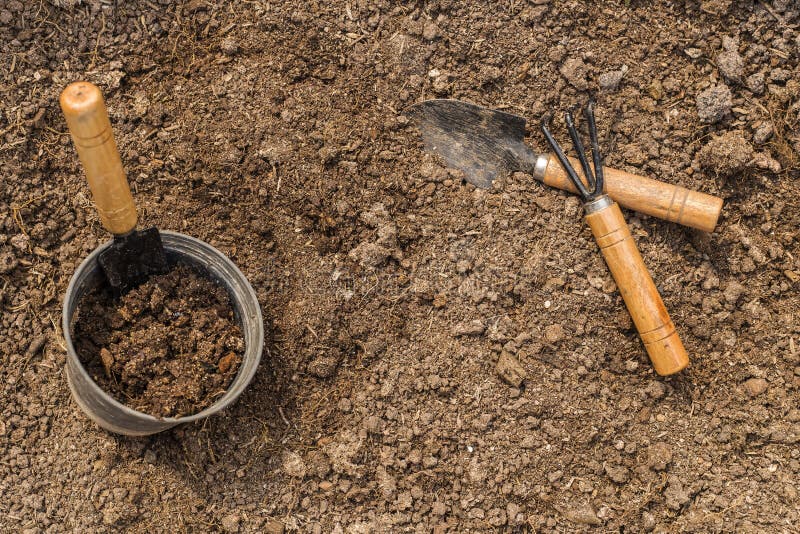 Gardening tools and soil. stock image. Image of copyspace - 64866577