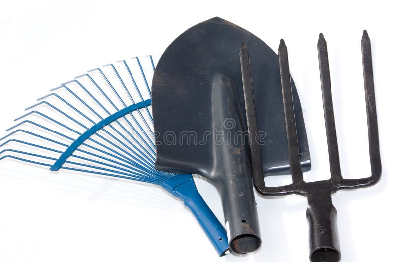 Gardening Tools, Spade, Fork and Rake on White Background Stock Image ...