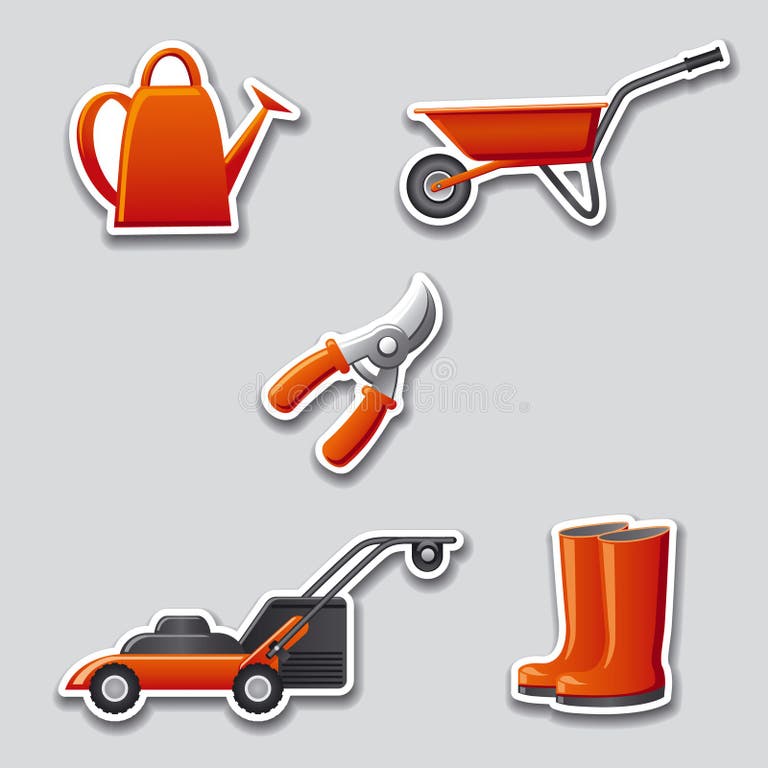 Gardening tools stickers stock illustration. Illustration of badge ...