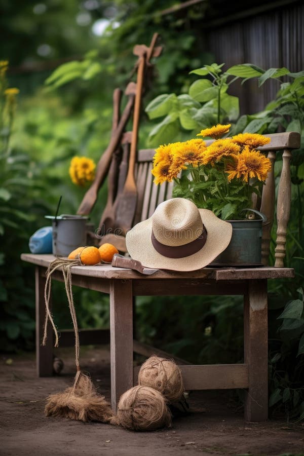 Gardening Tools and a Straw Hat on a Bench Stock Illustration ...