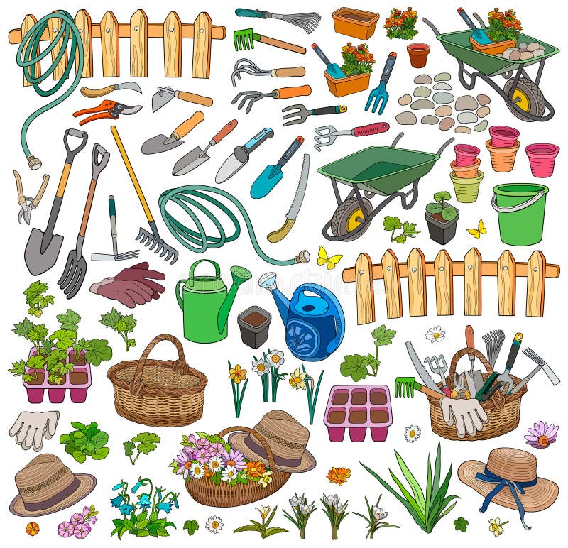 Gardening Vector Illustration. Set of Garden Elements Set Stock Vector - Illustration of hose ...
