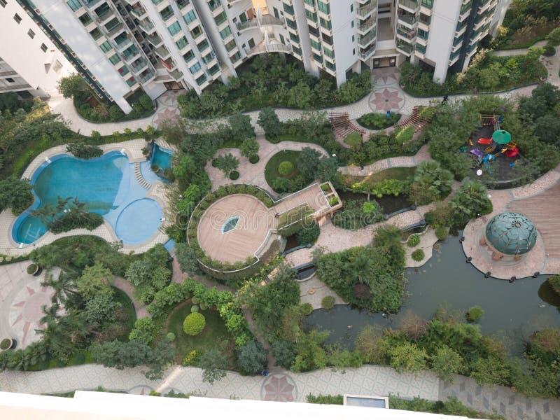 Gardens in a Residence Community Stock Image - Image of sunlight, glass ...