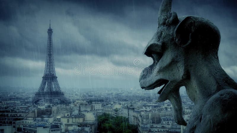 Gargoyle Looks Over Paris in the Rain Stock Video - Video of cinematic ...