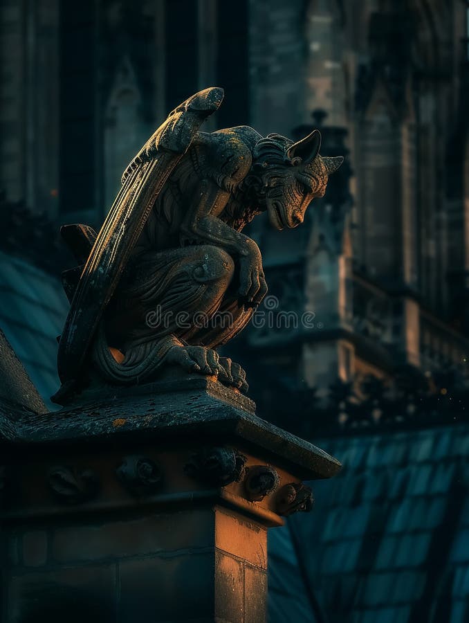 Gargoyle Perched Atop Gothic Structure, Showcasing Intricate Details ...