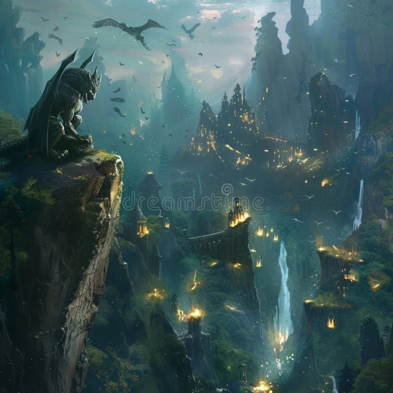 A Gargoyle Perched on a Cliff Overlooking a Magical Valley with ...