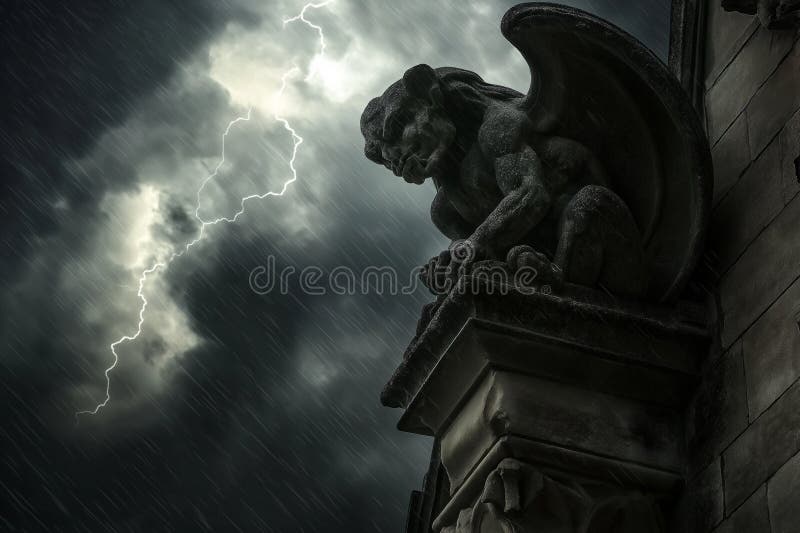 Gargoyle in Rain and Thunder on Gothic Cathedral Stock Illustration ...