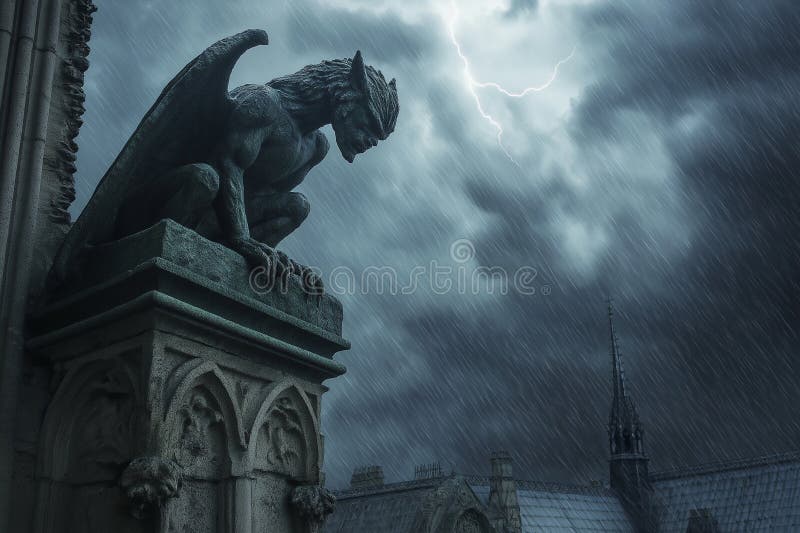 Gargoyle in Rain and Thunder on Gothic Cathedral Stock Illustration ...