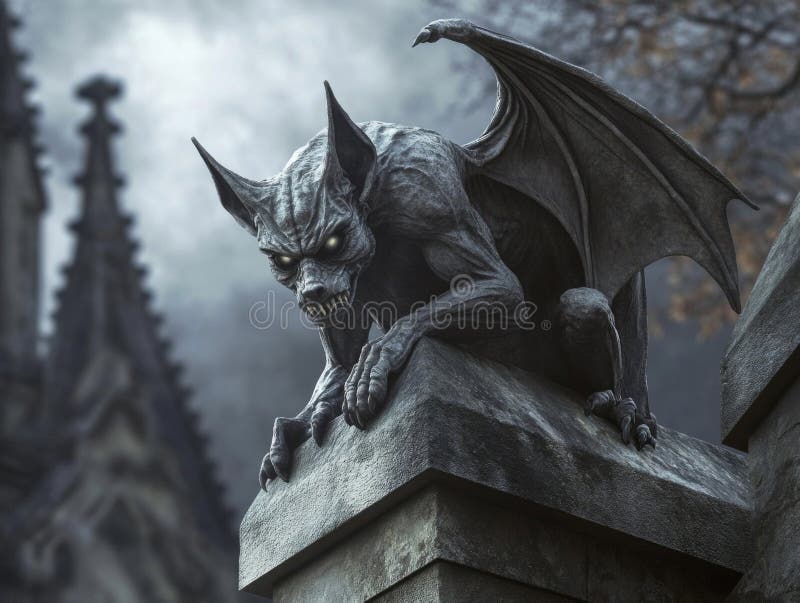 A Gargoyle with Wings Leans Forward on a Stone Ledge Stock Illustration ...