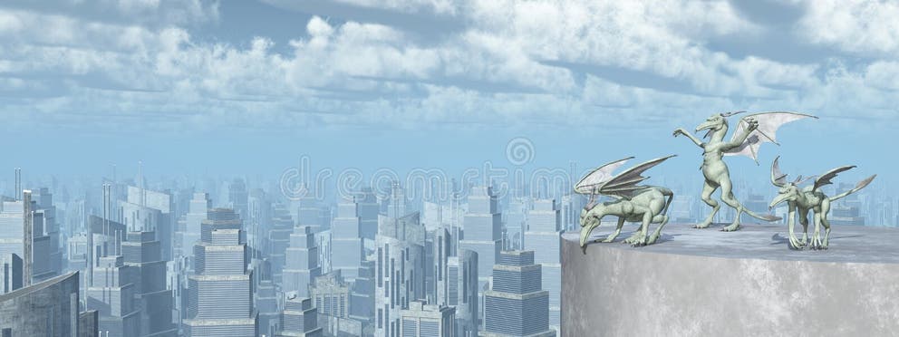 Gargoyles over a big city stock illustration. Illustration of computer ...