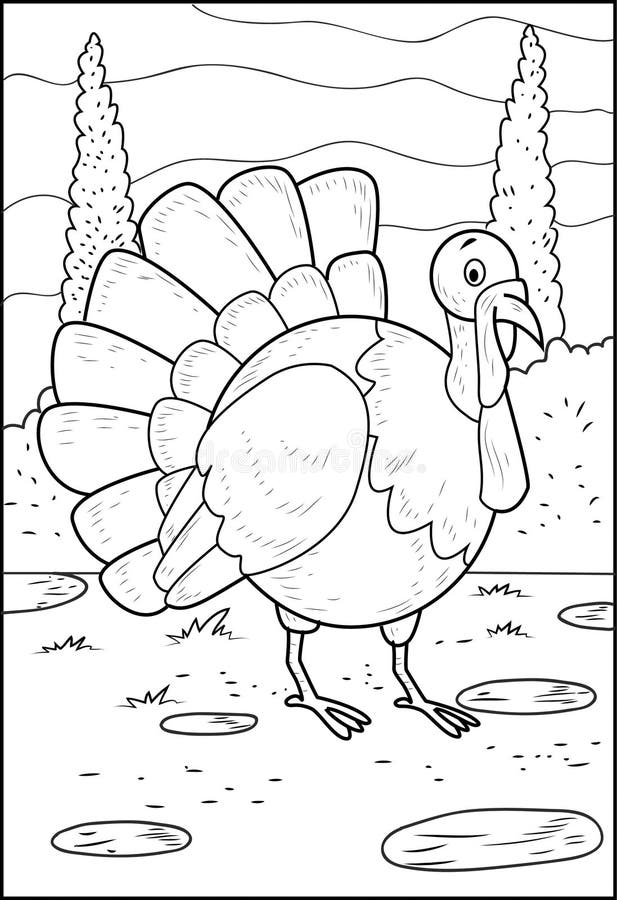 Turkeys Forage Around the Yard Happy Thanskgiving Coloring Page Stock ...