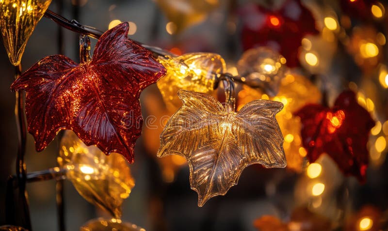 Garland of Glass Leaves and Warm Lights, Cozy Fall Theme Stock Photo ...
