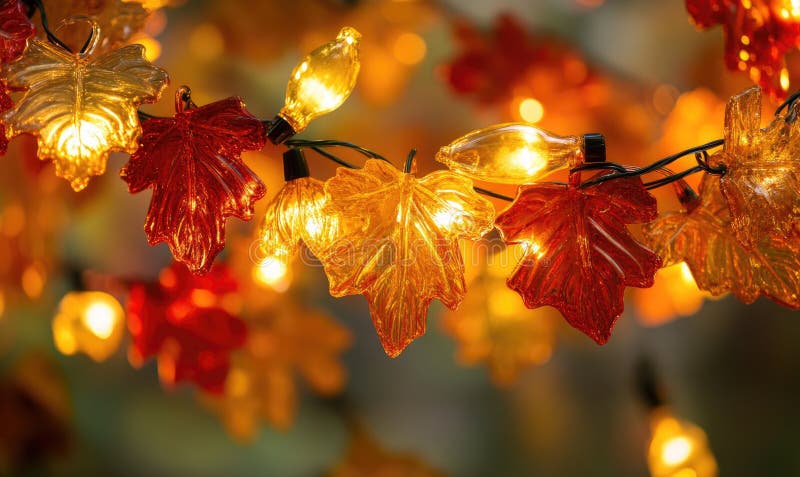 Garland of Glass Leaves and Warm Lights, Cozy Fall Theme Stock Photo ...