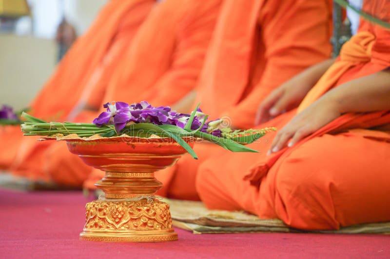 The Garland on the Golden Tray in Front Monk Stock Photo - Image of ...