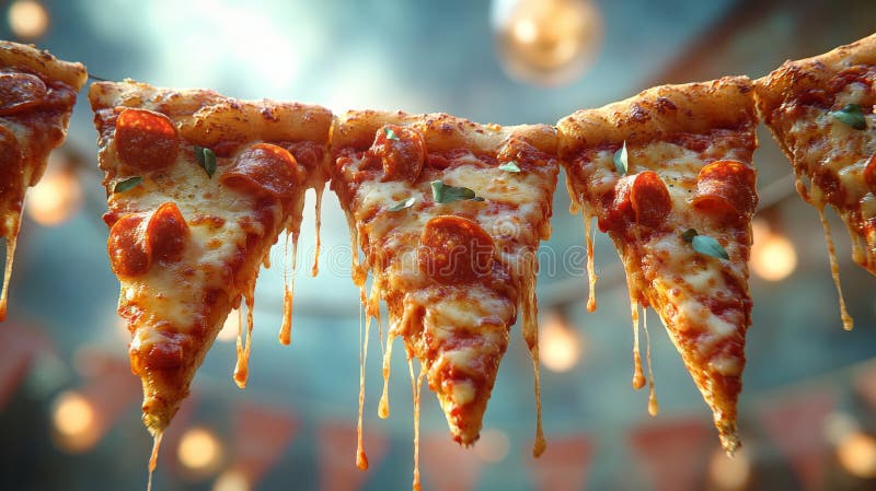 Garland of Slices Pepperoni Pizza Hanging with Cheese Strings in ...