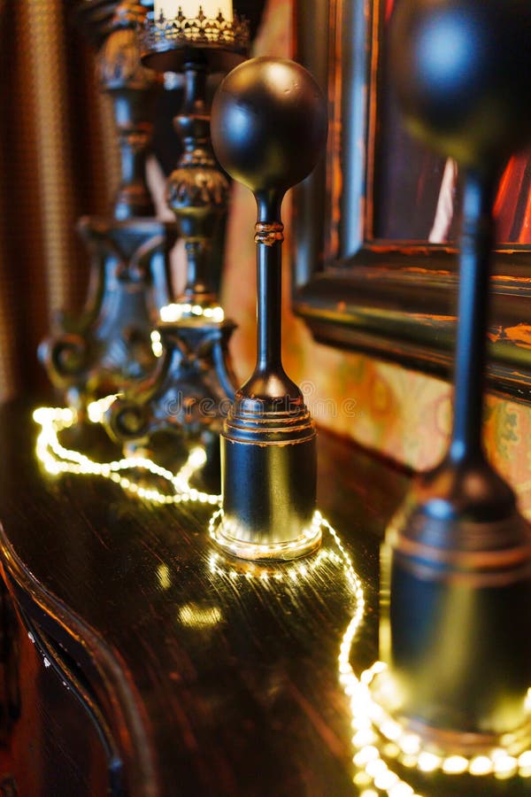 A Garland of Small LED Bulbs on the Mantelpiece. Stock Photo - Image of ...