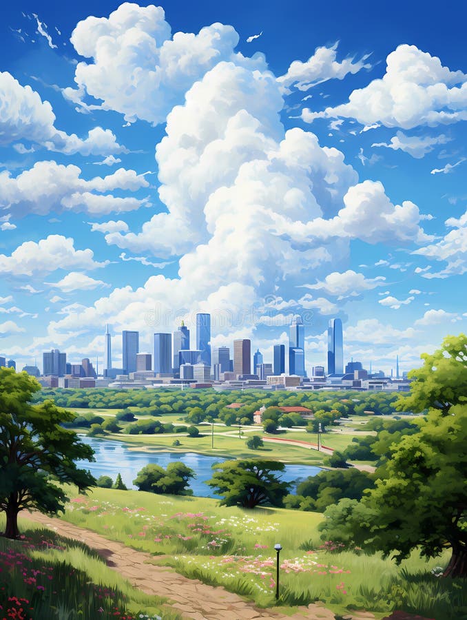 Garland Texas Skyline, a Landscape of a City with a River and Trees ...