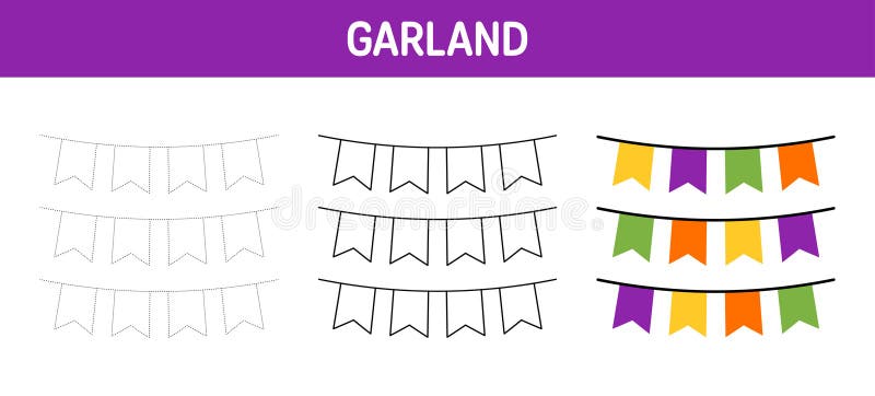 Garland Tracing and Coloring Worksheet for Kids Stock Vector ...