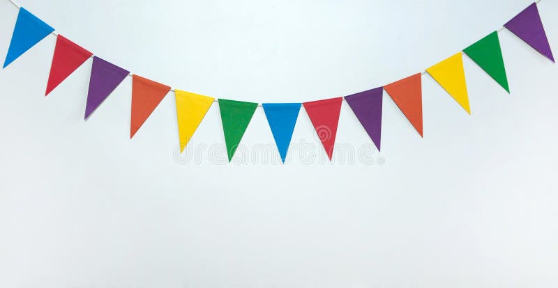A Garland of Triangular Multicolored Paper Flags on a White Background ...
